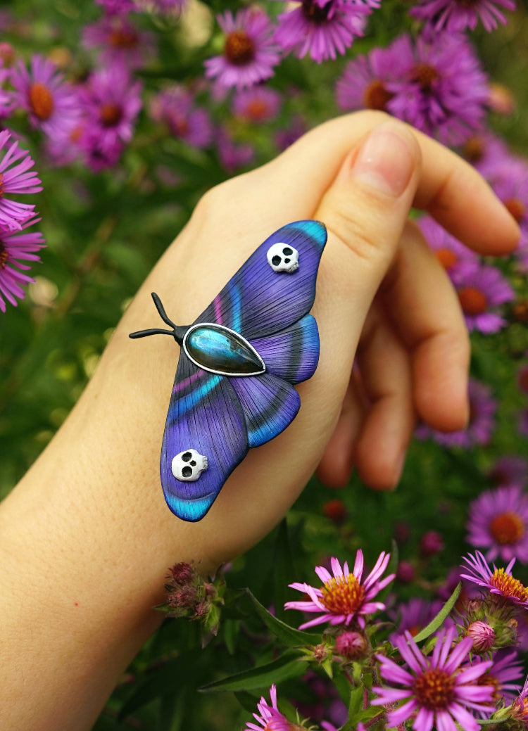 Violet moth brooch with skulls | The Twilight Messenger – Wildflower Tales